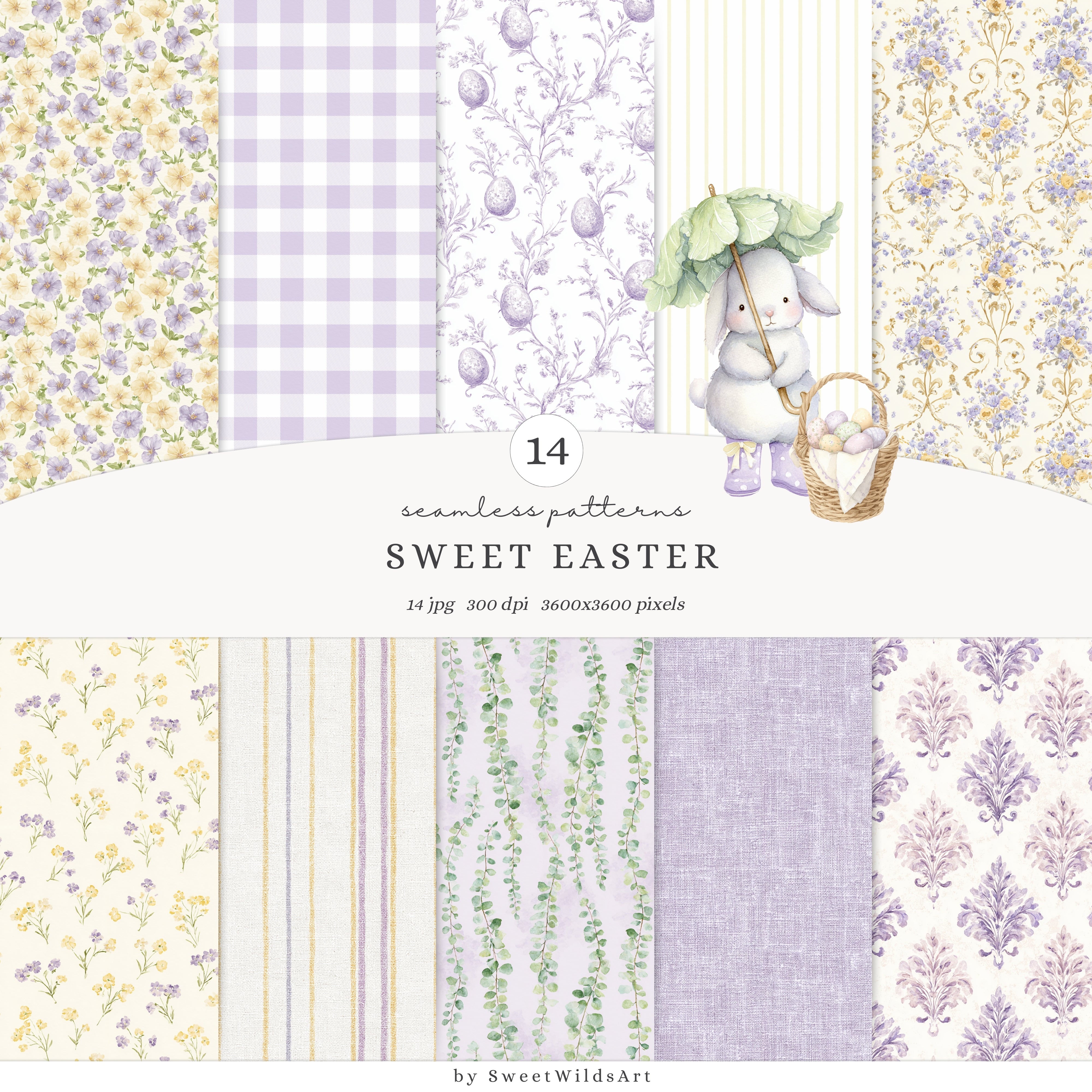 Sweet Easter - Seamless Patterns, Light Purple & Yellow Gingham, Strip ...