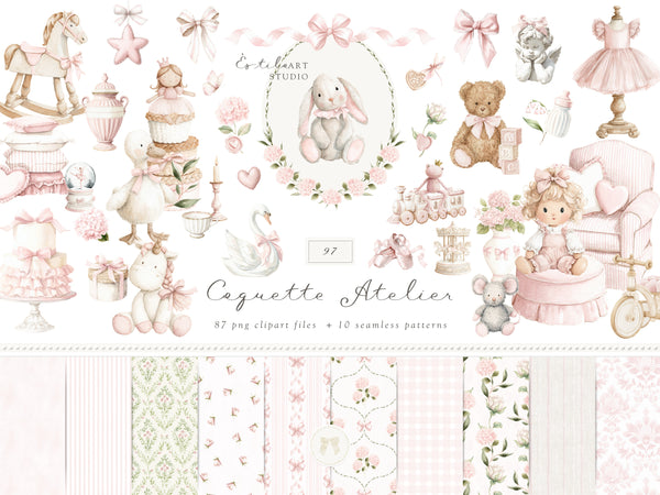 Coquette Atelier - Clipart Set, Soft Pink Baby Girl, Plush Toys, Nurse ...